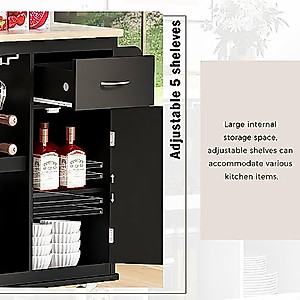 JVIBI Multipurpose Kitchen Cart Cabinet with Side Storage Shelves,Rubber Wood Top, Adjustable Storage Shelves, 5 Wheels, Kitchen Storage Island with Wine Rack for Dining Room, Home,Bar,Black