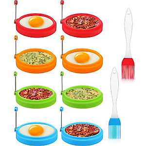 8 Packs Silicone Egg Rings, 4 Inch Food Grade Egg Cooking Rings, Non Stick Fried Egg Ring Mold, Pancake Breakfast Sandwiches, with 2 Silicone Brushes
