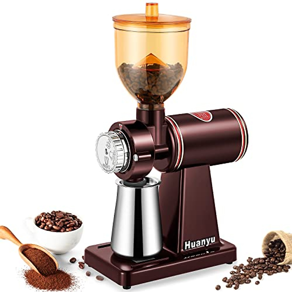 Huanyu Stainless Steel Coffee Grinder Electric with 8 Grinding Settings Flat Burr Coffee Grinder Adjustable Burr Coffee Grinders for Home Use Red