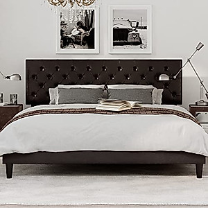 IMUsee King Size Faux Leather Upholstered Platform Bed Frame with Adjustable Button Tufted Headboard, Wooden Slats, No Box Spring Needed, Easy Assembly, Dark Brown