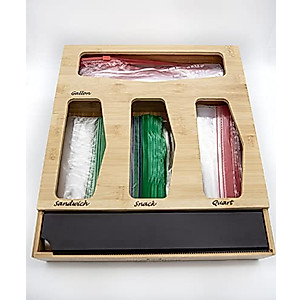 JMJ Ziplock Storage Bag Organizer for Kitchen Drawer, Pantry, Countertop. Bamboo Dispenser Fits Gallon, Sandwich, Quart, Snack. Fits 12" Foil or Plastic Wrap Roll