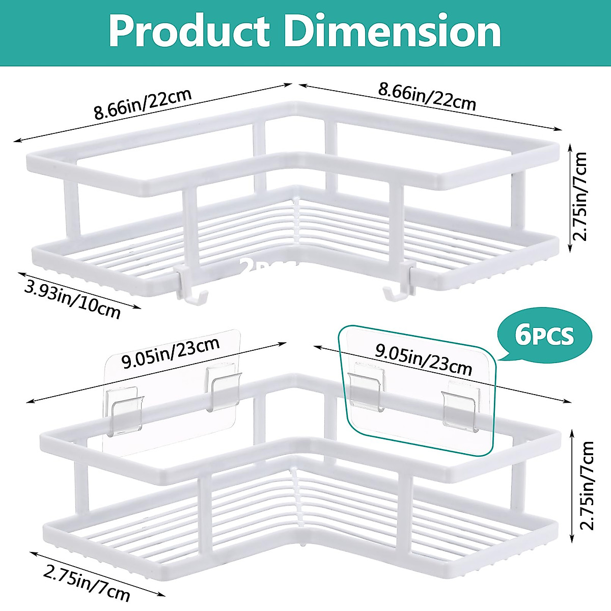 VIAV Corner Shower Caddy 2PCS Adhesive Shower Shelves Corner Organizer Rustproof Shower Rack No Drilling Needs Bathroom Shelve Organizer for Bathroom,Kitchen-White