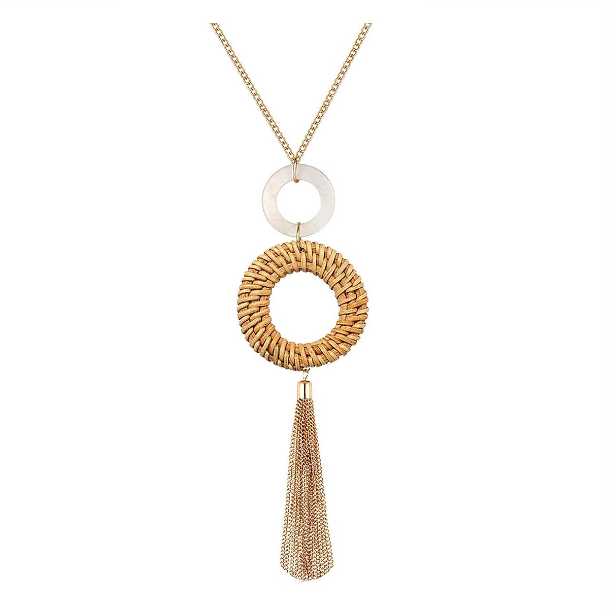 UYT Tassel Pendant Necklace Handmade Straw Wicker Braid Statement Pendant Y-Shaped Long Chain Necklace for Women
