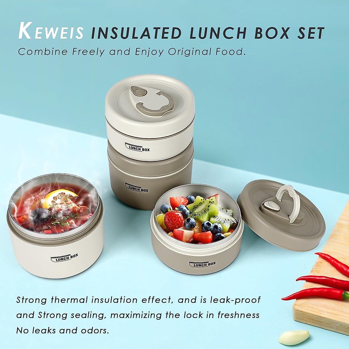 Keweis Bento Box Adult Lunch Box Set, Portable Insulated Lunch Containers with Thermal Bag, Stackable Stainless Steel Leakproof Food Containers for Adults Teens Kids, Set of 4, 68 Oz