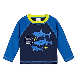Gerber Baby Boy's Toddler Long Sleeved Rashguard Swim Bathing Suit Set, Blue and White Sharks, 18 Months