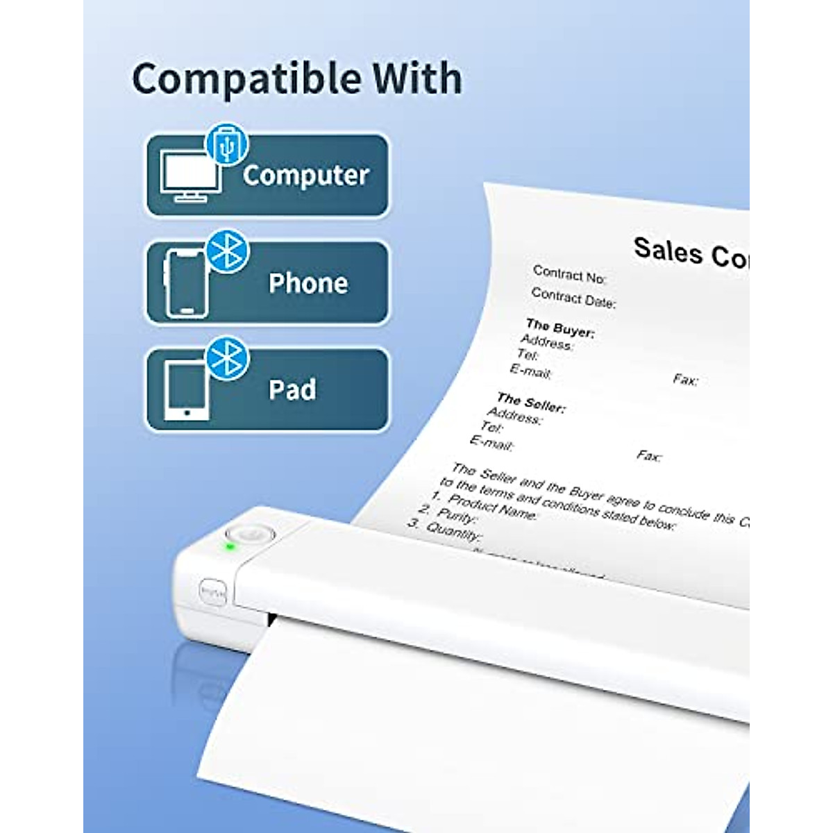 Odaro White M08F Letter Portable Printer for Travel with 200 Sheets Continual Thermal Paper 8.5" X 11" Letter Size