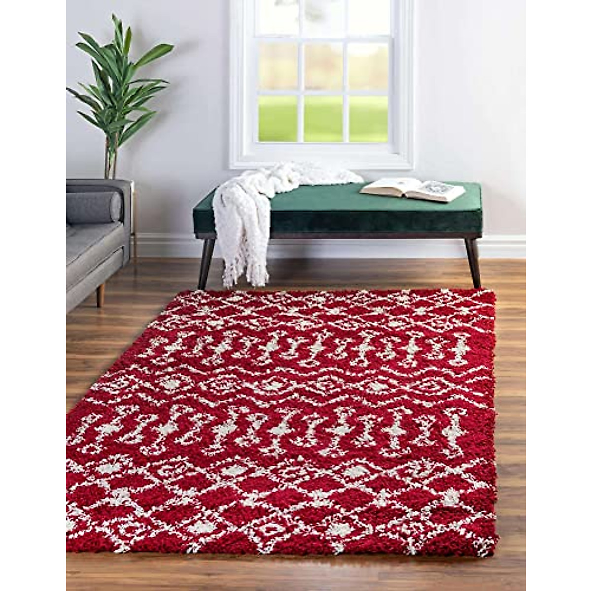 Unique Loom Moroccan Trellis Shag Collection Area Rug - Meknes (10' 8" x 14' Rectangle, Burgundy Red/Ivory)