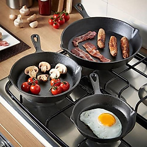 Jim Beam Su Set of 3 Pre-Seasoned Cast Iron Skillet Set | Heavy-Duty Construction for Superior Heat Retention & Even Cooking,6 1/4,7 3/4,9 3/4 , Black