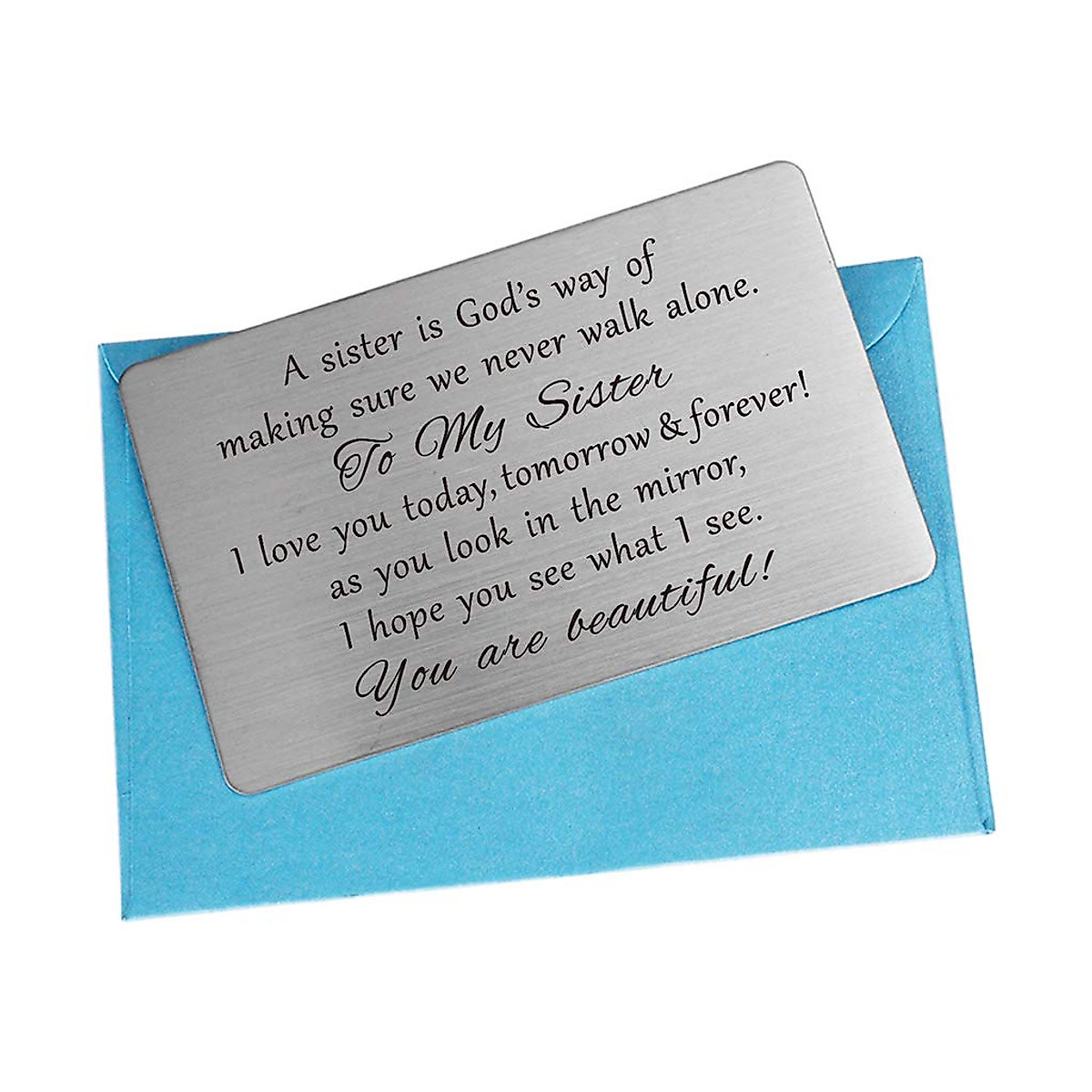 FALOGIJE Sister Gifts from Sister - Permanent Engraving Wallet Card, A Sister is God's Way of Making Sure We Never Walk Alone, Gifts for My Little Old Sister, Birthday, Mother's Day