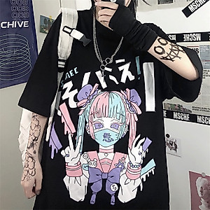 Women Summer Gothic T-Shirt Anime Aesthetic Print Harajuku Fashion Casual Tops (Black3, XL)