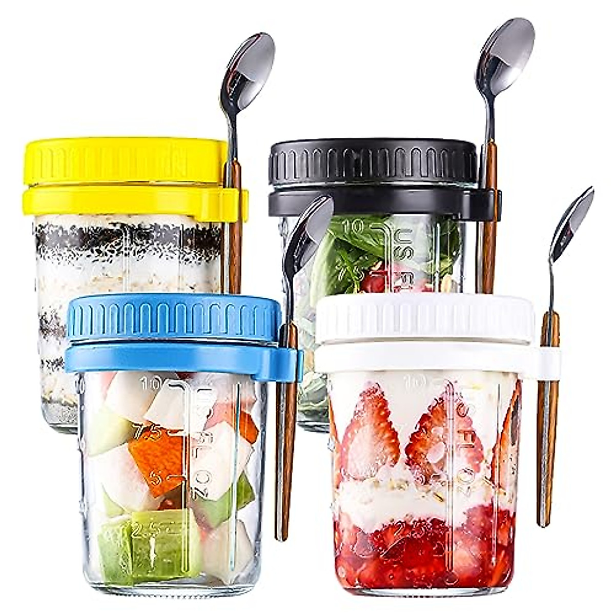 Tecbeauty 4 Pack Overnight Oats Containers with Lids and Spoons, 16 Oz Glass Mason Jars for Cereal, Milk, Vegetable and fruit Salad Oatmeal Container with Measurement Marks