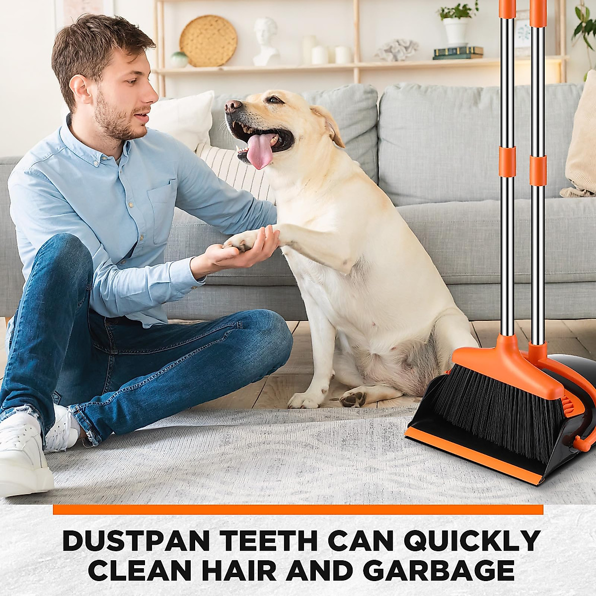 Tioncy Heavy Duty Broom and Dustpan Set 2 Plus 1 Set with Comb Commercial Windproof Stand up Broom Outdoor Indoor for Courtyard Garage Lobby Mall Market Floor Kitchen Home Office Pet Hair Rubbish