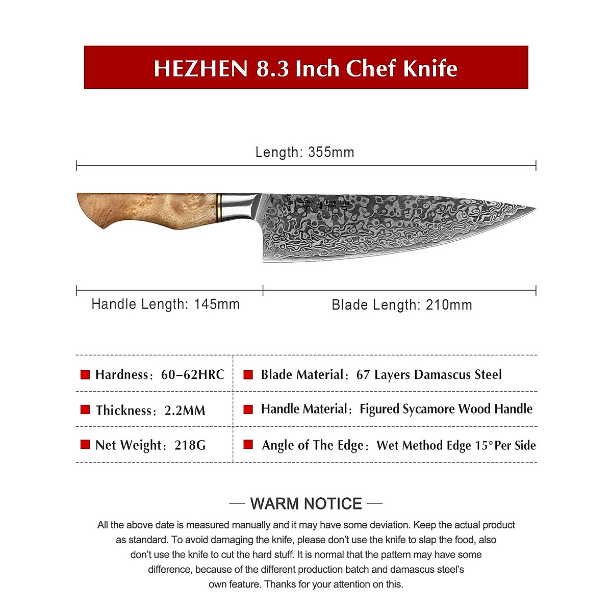 HEZHEN Chef's Knife-Professional-8.3 inch Damascus Steel, Kitchen Knife VG10 Gyuto Knife-Master Series Chef Cooking Tool at Home,Restaurant-Figured Sycamore Wood Handle