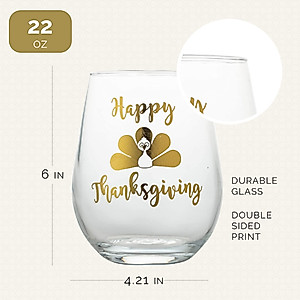 Happy Thanksgiving Stemless Wine Glass, 22oz Friendsgiving Wine Glasses, Thanksgiving Wine Glass - Perfect Friendsgiving Gift, Turkey Wine Glass, Fall Wine Glass (Happy Thanksgiving)