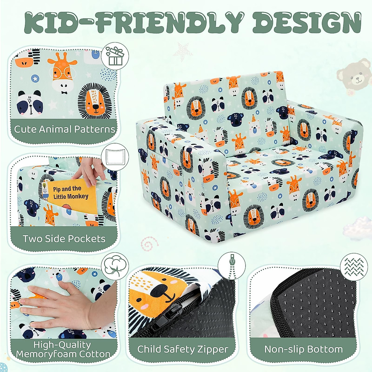 Pipoobear Kids Sofa, Comfy 2-in-1 Toddler Couch Fold Out, Convertible Sofa to Toddler Lounge Chair for Boys and Girls (Animal, Green)