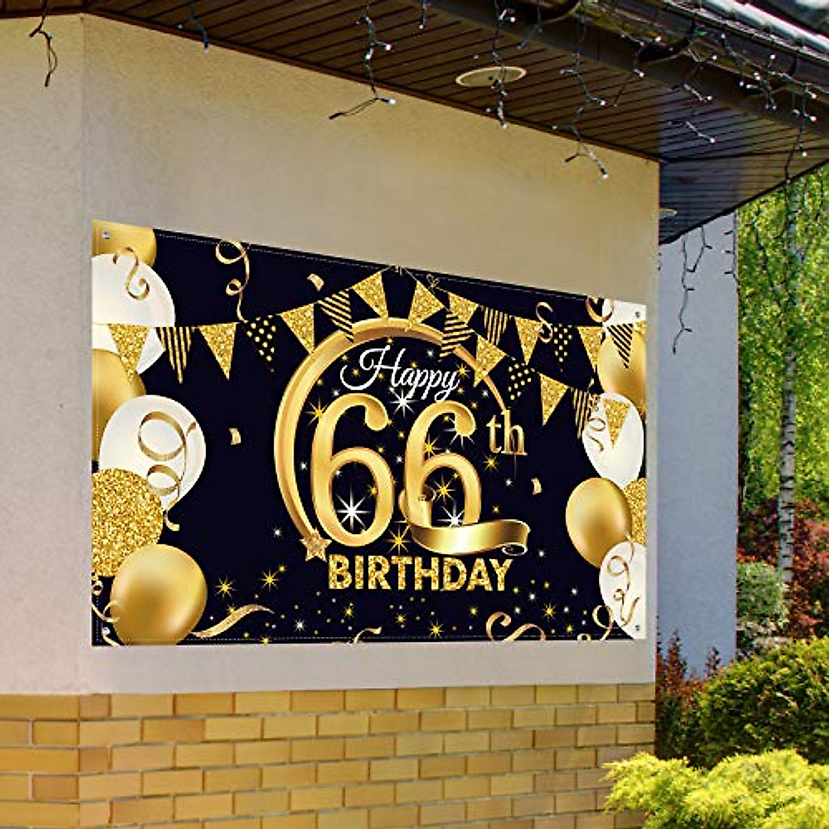 66th Birthday Party Decoration, Extra Large Fabric Black Gold Sign Poster for 66th Anniversary Photo Booth Backdrop Background Banner, 66th Birthday Party Supplies, 72.8 x 43.3 Inch