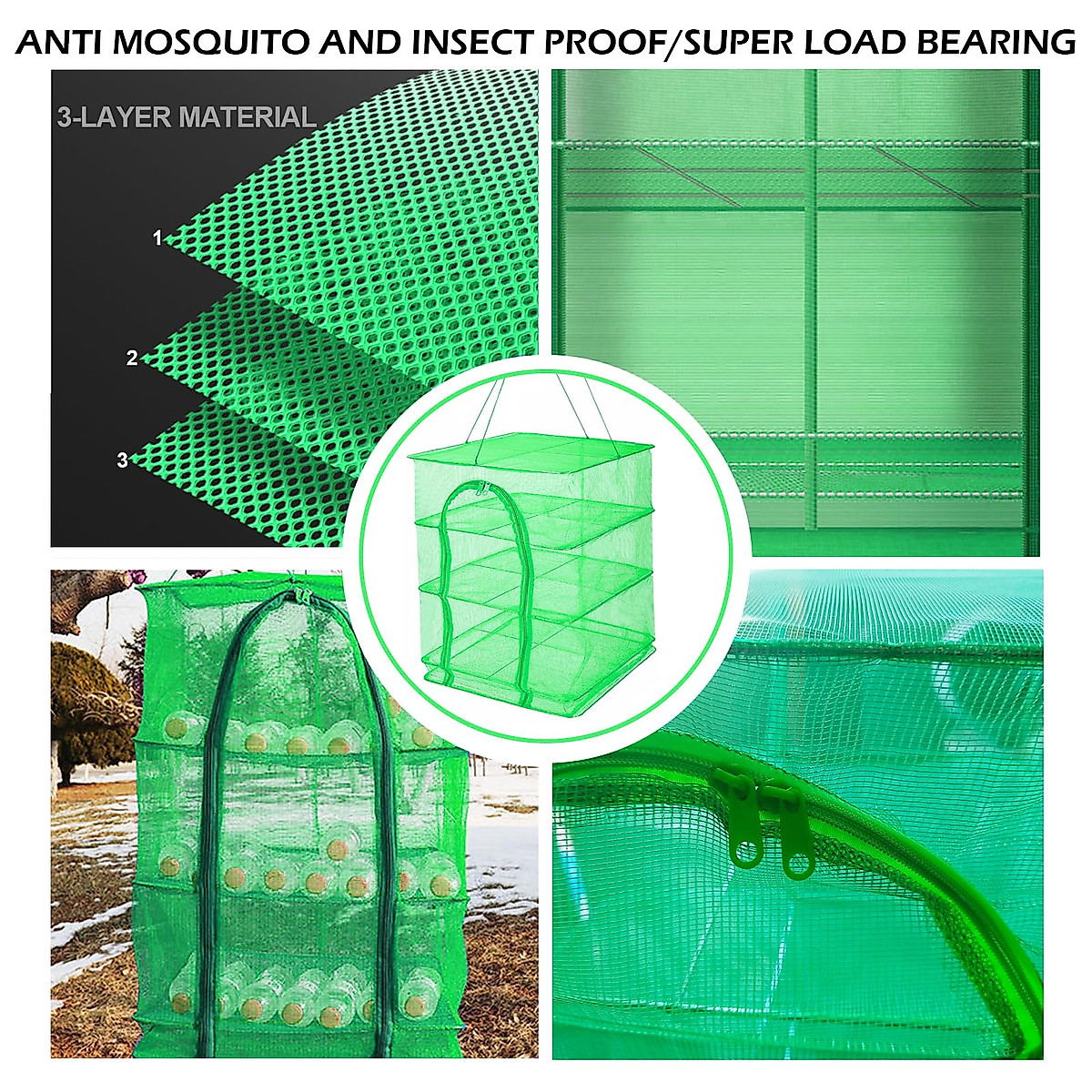 WEISGJA Hanging Drying Rack 4 Layers Foldable Nylon Netting, Folding Fish Mesh, Drying Fish Net for Shrimp Fish Fruit Vegetables Herb, with Zipper Opening, Green (22.4X15.7X25.5 in/Large)