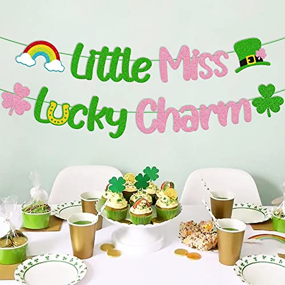 Little Miss Lucky Charm Banner St Patrick Day Decoration for Baby Girls Saint Patrick Garland Three Leaf Clover Shamrock Garland for Irish Day Party Decor Lucky Themed Baby Shower Birthday 1st 2nd 3rd 4th 5th 6th Birthday Party Anniversary Celebration Sup
