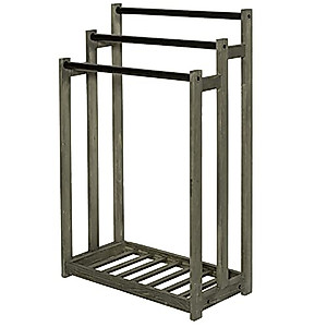 MyGift 3 Tier Matte Black Metal Bar Bath Towel Holder on Vintage Gray Solid Wood Frame Stand with Slatted Storage Shelf, Floor Standing Bathroom Drying Rack