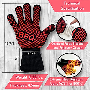 1472℉ Extreme Heat Resistant Grill Gloves - 14'' Food Grade Kitchen Oven Mitts, Silicone Non-Slip Cooking Gloves for Barbecue (Pair)