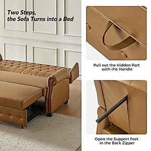 HULALA HOME 74" Leather Couch with Pull Out Bed, Convertible Sofa Bed Couch with Nailhead Arms and Tufted Back, Sleeper Loveseat Sofa for Bedroom Small Spaces, Living Room, Office, Camel