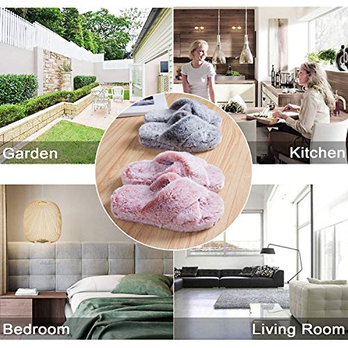 DL Fluffy Womens House Slippers Cross Band Open Toe, Soft Plush Fleece Bedroom Slippers Women Memory Foam, Comfy Fuzzy Slip On Non-Slip Womens Slippers Indoor Pink Gray Black White