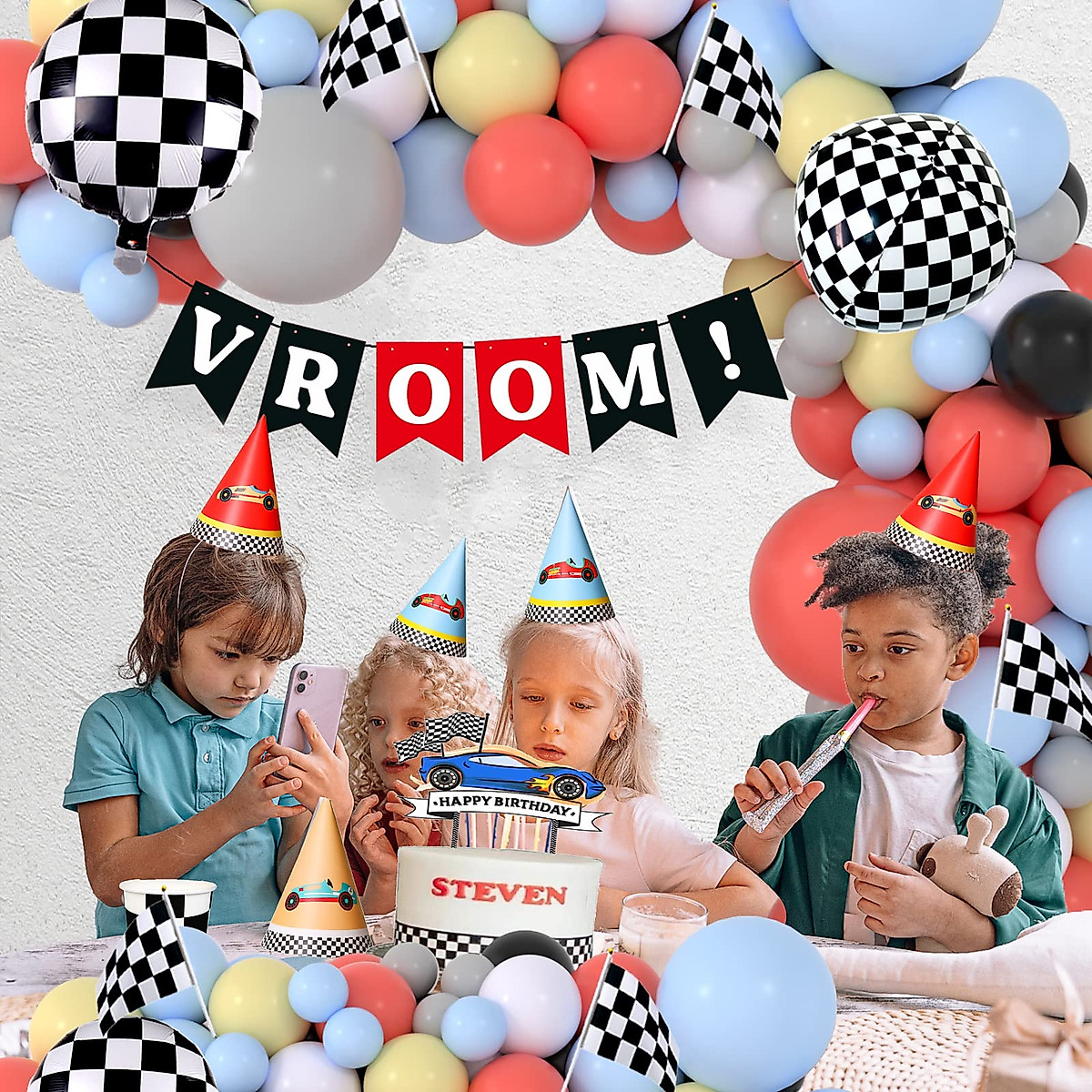 Race Balloon Garland Arch Kit Pastel Coral Gray Yellow Baby Blue Black White Balloons with Checkered Foil Balloons Tablecloth Flag Banner for Car Sports Birthday Baby Shower Decorations Party Supplies