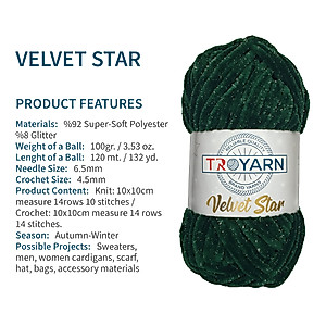 Troyarn Velvet Star, Silvery Glitter Chenille Baby Blanket Yarn Amigurumi Yarn for Crocheting and Knitting Super Bulky 100 gr (120 yds) Length: 110 m (10401 - White, 1 Skein)