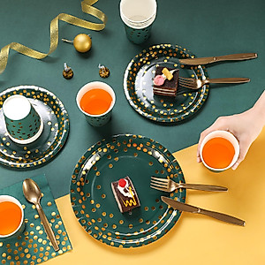 Tegeme 256 Pcs Dark Green and Gold Party Supplies Christmas Paper Plates Napkins Cups Gold Dot Disposable Tablecloths Plastic Forks Knives Spoon Serve 36 Guest for Birthday Graduation Party Decoration