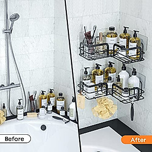 Masoffi Corner Shower Shelf for Inside Shower, Adhesive No Drilling Shower Organizer, Stainless Steel Rustproof Corner Shower Baskets Wall Mounted, 2 Pack Matt Black