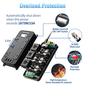 Outdoor Power Strip Weatherproof, 6 Outlets Waterproof Surge Protector with 3 USB Ports, 6 FT Extension Cord, Shockproof Overload Protection, Wall Mountable for Home Office Patio Porch (Black)