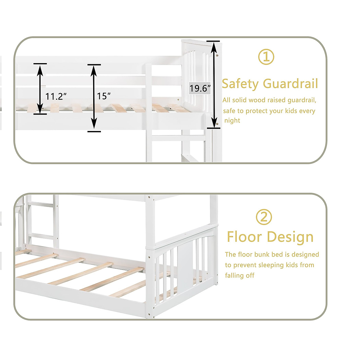 Montessori Floor Bunk Bed Twin Over Twin, Twin Bunk Bed with Slide and Ladder, Kids Bunk Beds with Guardrail Headboard and Footboard, Low Bunk Beds for Kids, Boys, Girls, Twin Bunk Bed White