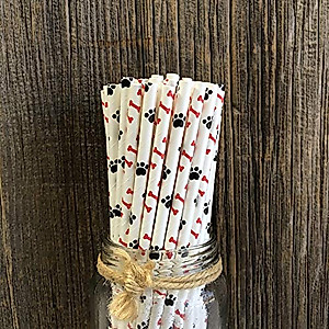 Dog Theme Bone and Paw Print Paper Straws - Black White Red - 50 Pack Outside the Box Papers Brand