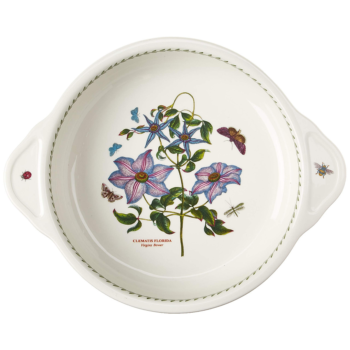 Portmeirion Botanic Garden Round Baking Dish with Handles | 10 Inch Baking Dish with Clematis Motif | Made from Porcelain | Dishwasher and Microwave Safe