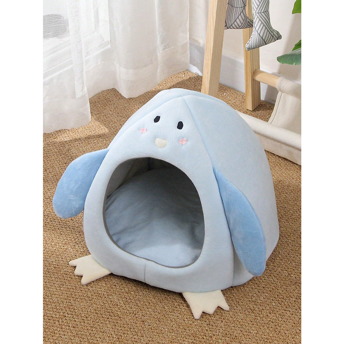 QWINEE Indoor Cat Bed Cave with Removable Cushion Pet Plush Warm Tent Cartoon Penguin Design Pet Sleeping Bed for Cats Dogs Kitten Puppy and Rabbit Blue S