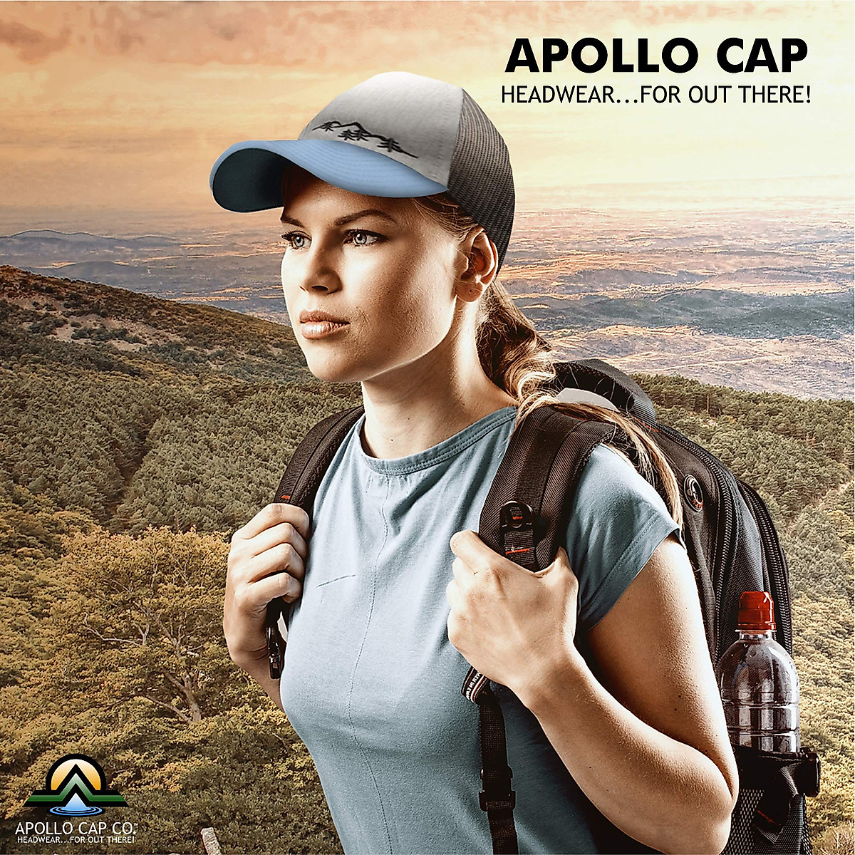 Apollo Cap Co. Trucker Cap - Embroidered Mountains & Trees Hat, Snapback Heather Grey