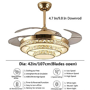 Lighting Groups 42 Inch Invisible Ceiling Fan with 3-Color Changing Light Remote Control Retractable Blades Fandelier for Living Room Dining Room Reversible Ceiling Fan with Indoor Lights (Gold D)