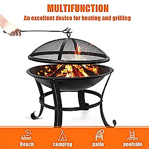 Wilrex Outdoor Fire Pits, 22 inch Portable Bonfire FirePits for Outside Wood Burning with Spark Screen and Fireplace Poker for Backyard Garden Patio Bonfire Heating, Camping and BBQ, Black (QTFP06M)