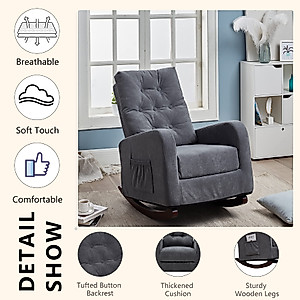 Dolonm Rocking Chair Modern Glider Chair for Baby Nursery Upholstered Velvet Rocker Tufted Button High Back Accent Armchair for Living Room, Bedroom, Office (Antique Gray)