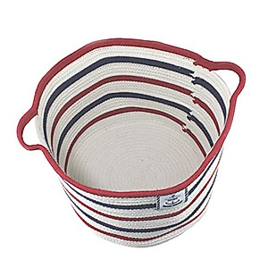 Orino Nautical Large Cotton Rope Storage Baskets with Handle, Soft Durable Laundry Baskets Nursery Hamper Organizer for Kids Toys (15.8x15x11.8 inch, Blue&Red Stripe American Flag Style)
