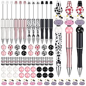 12 Set Plastic Beadable Pens Assorted Bead Pens Wood Beads Crystal Spacer Beads Set Round Beads Black Ink Ballpoint Pen DIY Bead Pen Set for Women Kids Gifts School Office Supplies (Cow Print)