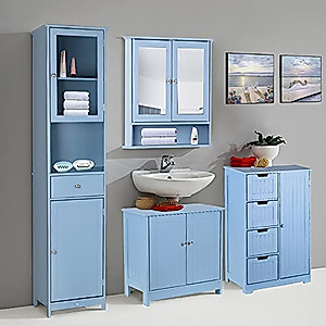TehRecBT 24" Under Sink Storage Cabinet with 2 Doors and Shelves, Bathroom Vanity Cabinet Without Sink, Bathroom Vanity Base with Bottom Storage, White Bathroom Freestanding Cabinet (Blue)