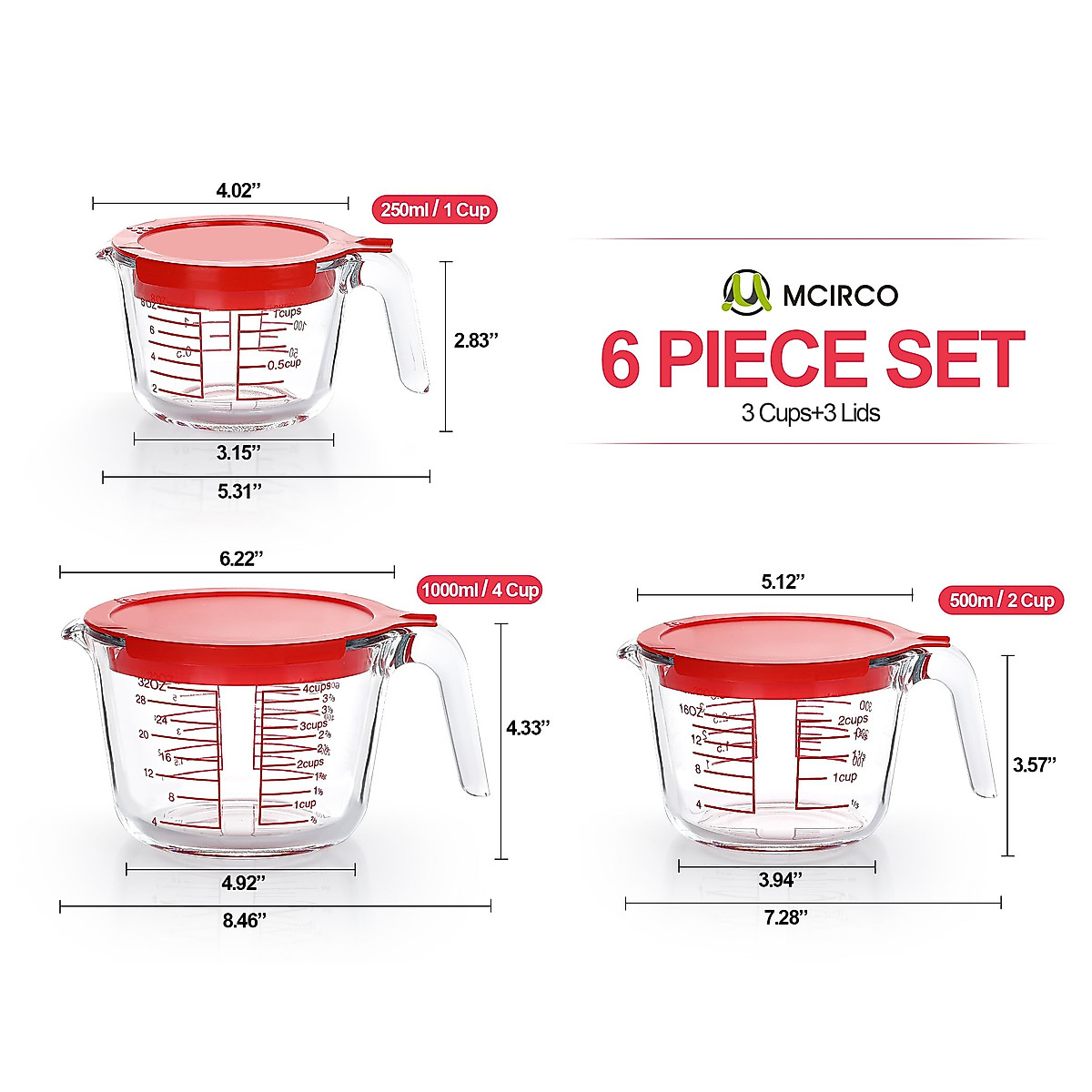 M MCIRCO 6 Pcs Glass Measuring Cups with Lids Set, 1-Cup, 2-Cup, 4-Cup Measuring Jugs with Handle, Nesting Liquid Measuring Cups for Kitchen