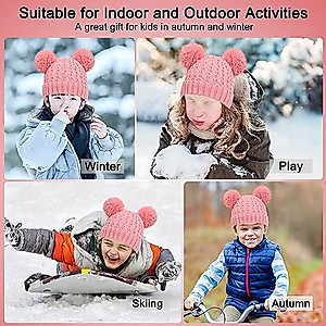 Enwokran Kids Winter Knit Beanie Hat Scarf and Touchscreen Gloves Set,Fleece Lining Beanie Hat with Cute Pom Knit Gloves Neck Warmer for Girls Boys 2-8 Years Old (Deep Pink2)