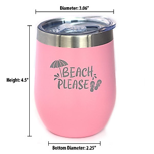 Beach Please - Travel Wine Tumbler with Sliding Lid - Stemless Stainless Steel Insulated Cup - Cute Funny Outdoor Camping Gift - Pink