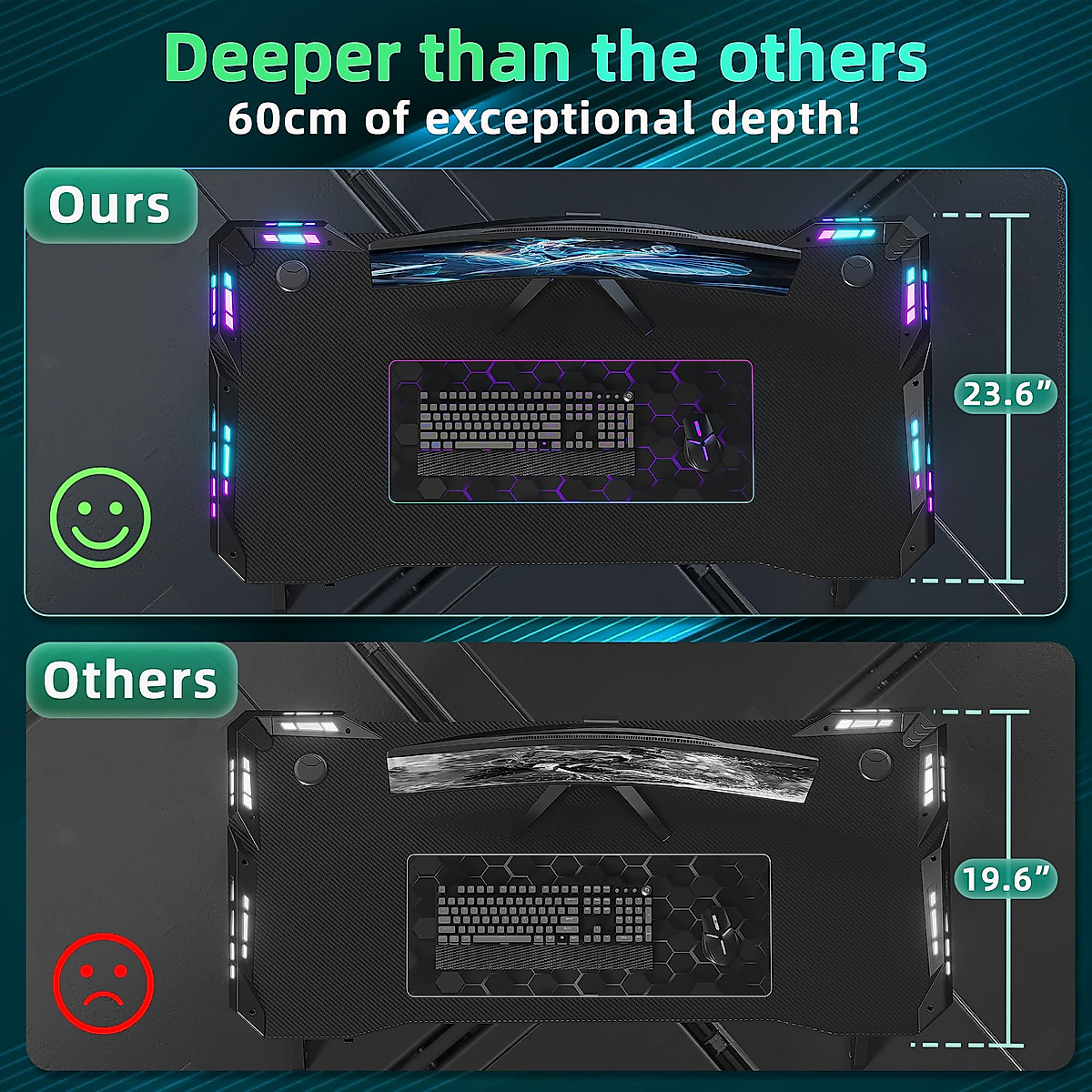 TIQLAB Gaming Desk with LED Lights, 40 Inch Computer Desk Z Shaped Gamer Workstation, Gaming Table with Carbon Fiber Surface, PC Gamer Desk, Black