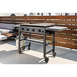 Megamaster 720-0786F Outdoor Portable Cooking 4-Burner Propane Gas Griddle Grill, Flat Top for Camping, Outdoor Cooking, Patio, Garden, Cart with Caster, Side Shelves with Hooks, Black and Grey