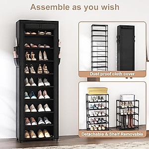 ROJASOP Shoe Rack with Covers, 10 Tier Shoe Organizer Narrow Shoe Storage Cabinet for 20-22 Pairs Shoes and Boots Tall Space Saving Shoe Shelf for Closet Entryway Garage Hallway Bedroom