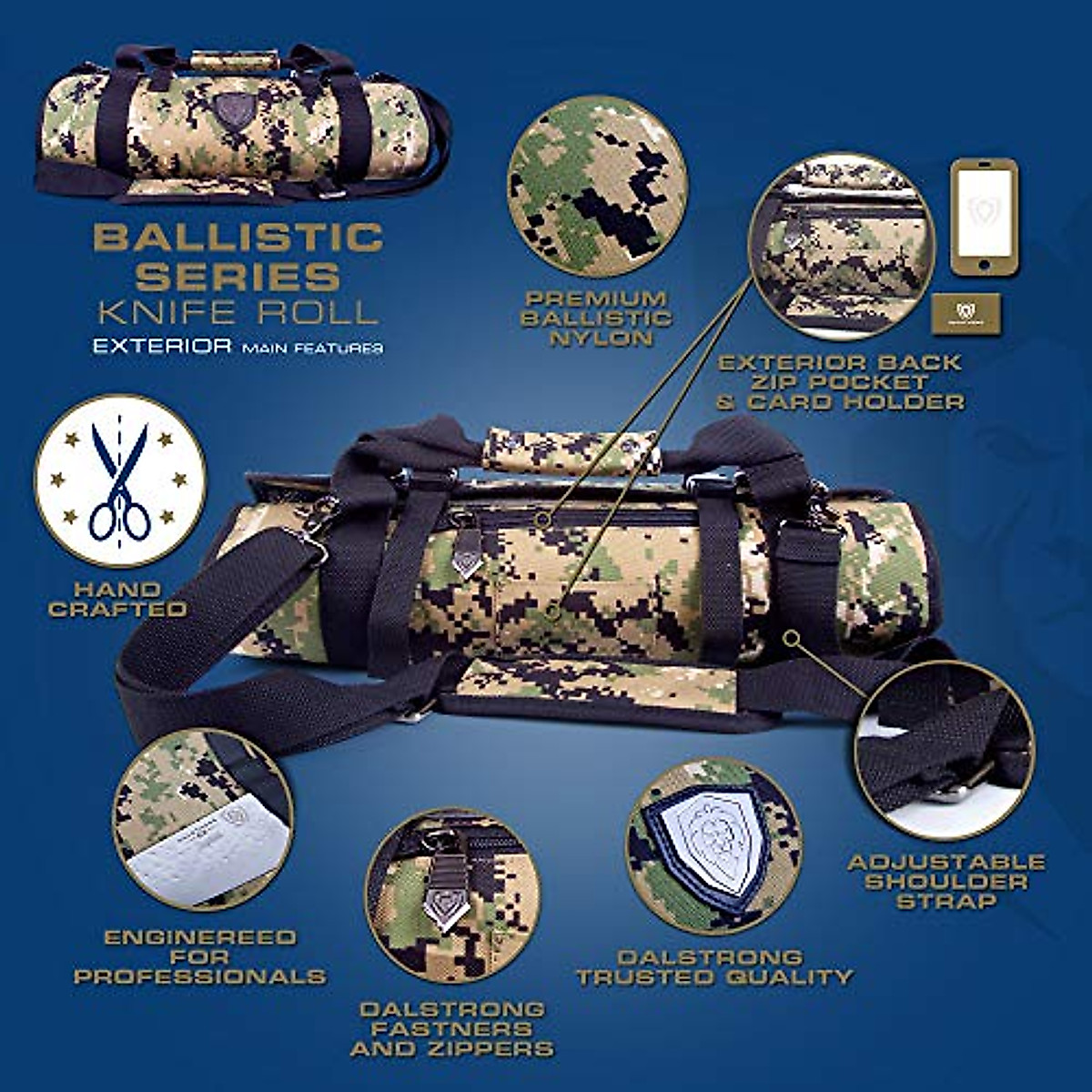 Dalstrong - Ballistic Series Knife Roll - Premium Ballistic Nylon & Top Grain Leather Roll Bag - 22 Knife Slots - Interior and Rear Zippered Pockets - Blade Travel Storage/Case (Digital Camouflage)
