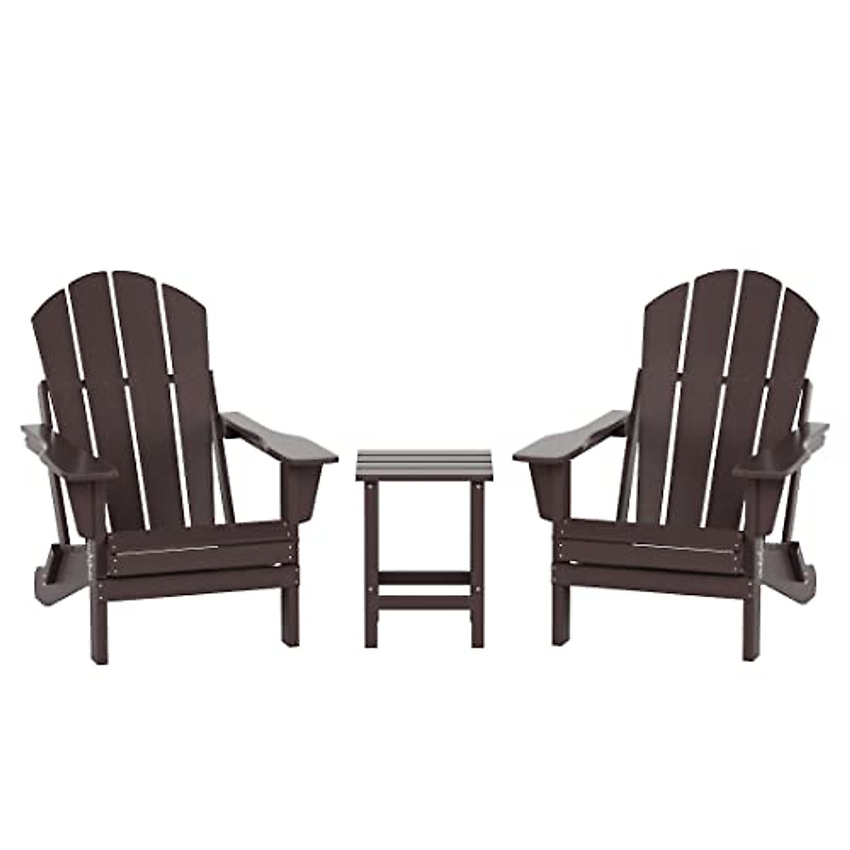 WestinTrends Malibu 3-Pieces Adirondack Chairs Set with Side Table, All Weather Outdoor Seating Plastic Patio Lawn Chair Folding for Outside Porch Deck Backyard, Dark Brown